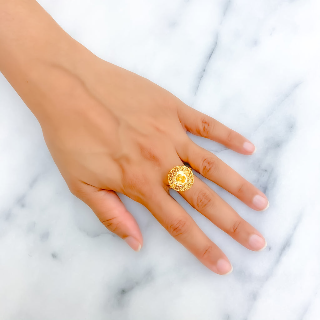 Charming Radiant Round Floral Jali 22K Gold Ring – Andaaz Jewelers