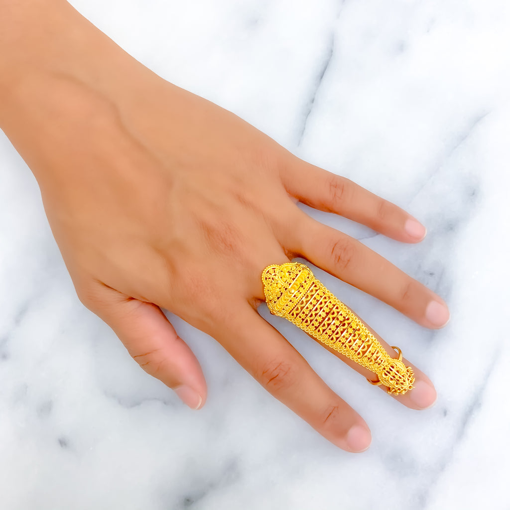 Elongated Striped Flower 22k Overall Gold Finger Ring – Andaaz Jewelers