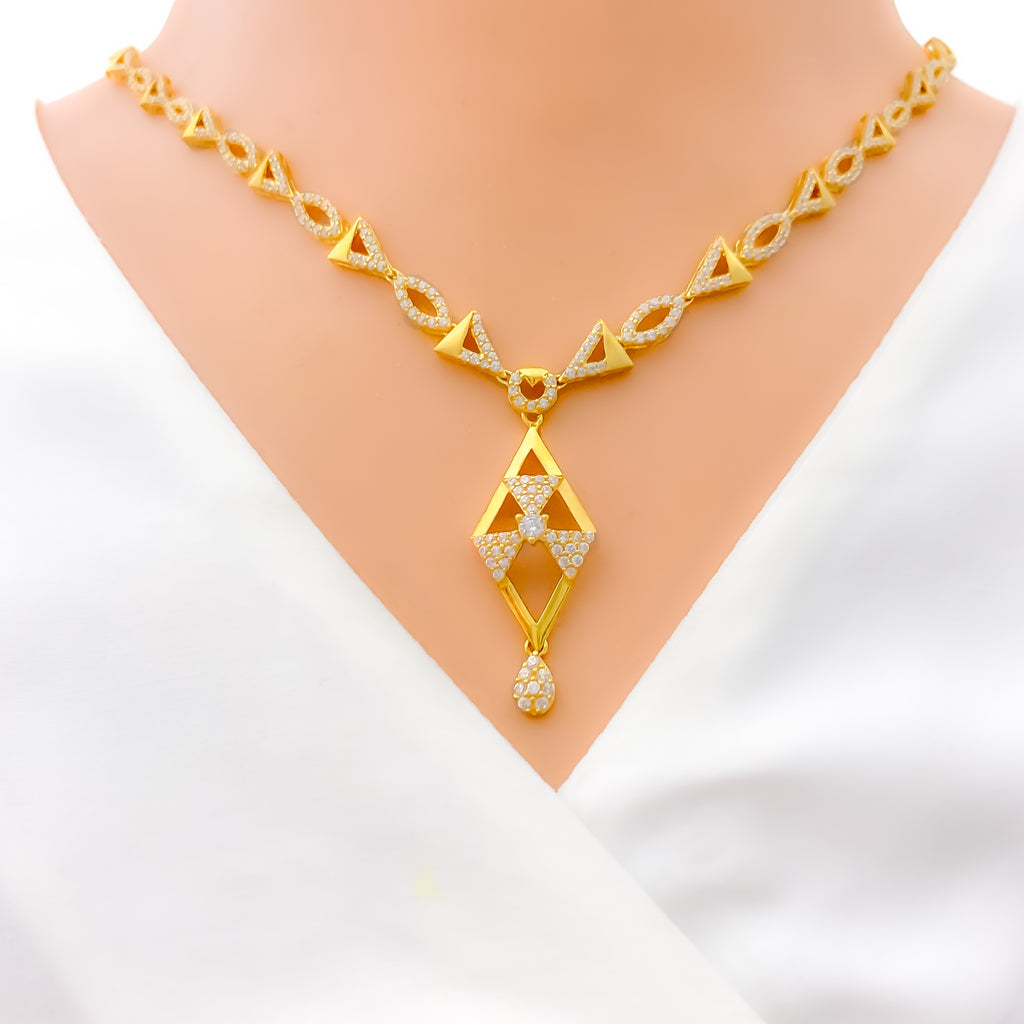 Sparkling Triangular Diamond-Shaped 22k Gold CZ Necklace Set – Andaaz ...
