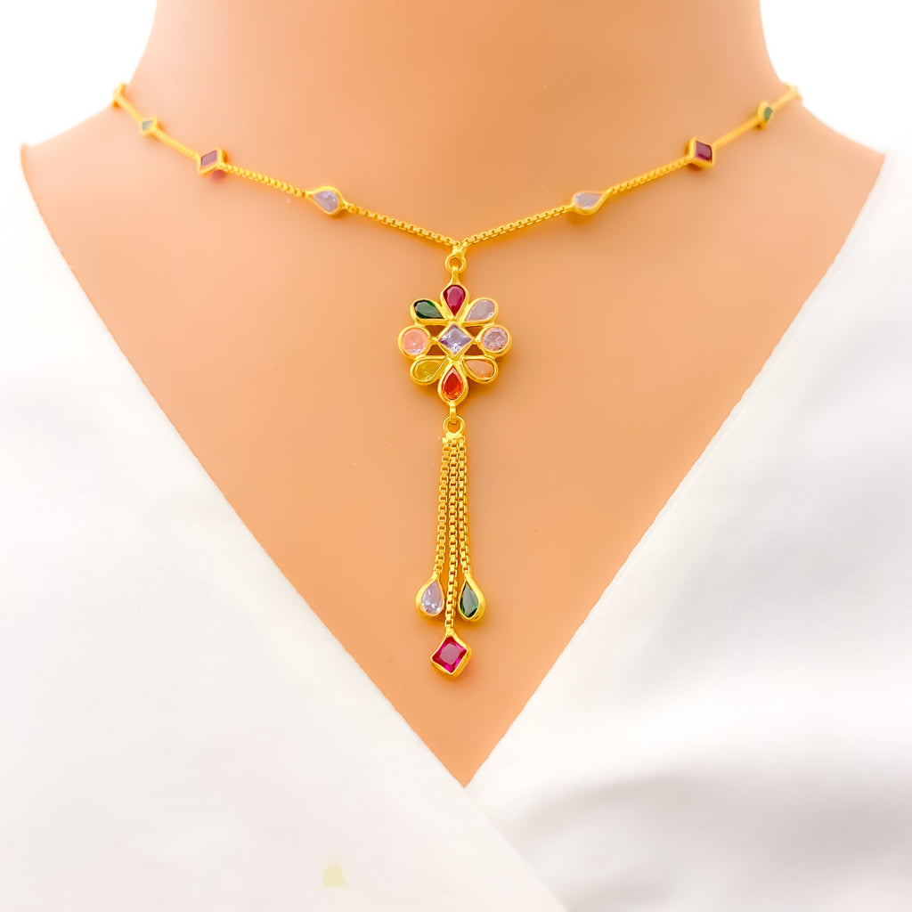 Dangling Three Chain Floral CZ 22k Gold Necklace – Andaaz Jewelers