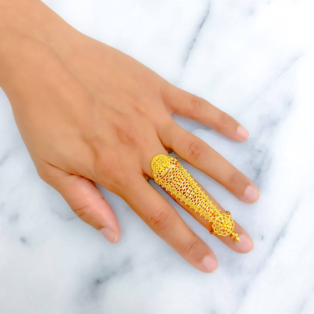 Upscale Dangling Tassel 22k Overall Gold Finger Ring – Andaaz Jewelers