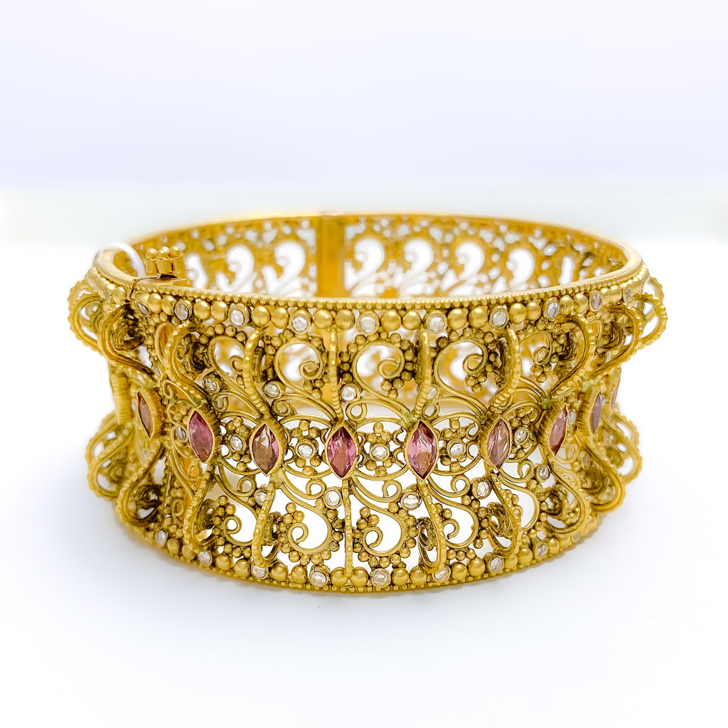 Majestic Bold Jali 22k Gold Bangle w/ Tourmaline – Andaaz Jewelers